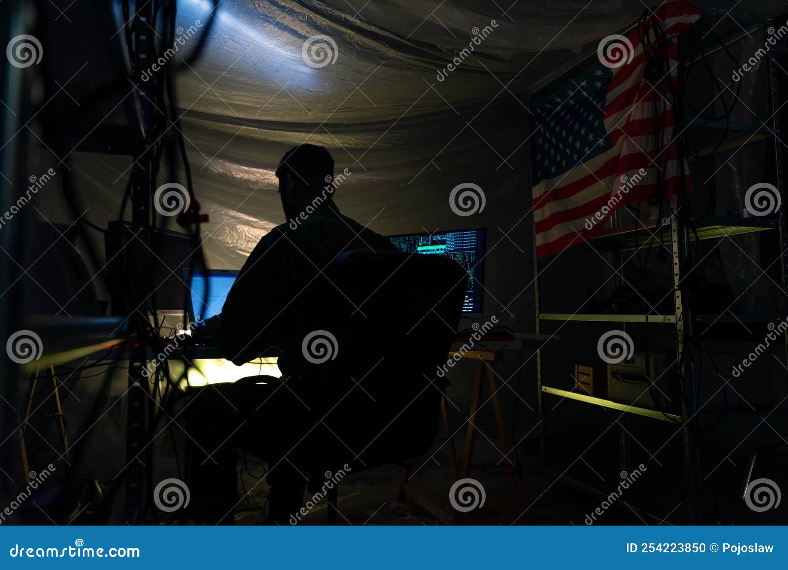 American Hacker in Military Unifrorm on Dark Web, Cyberwar Concept ...