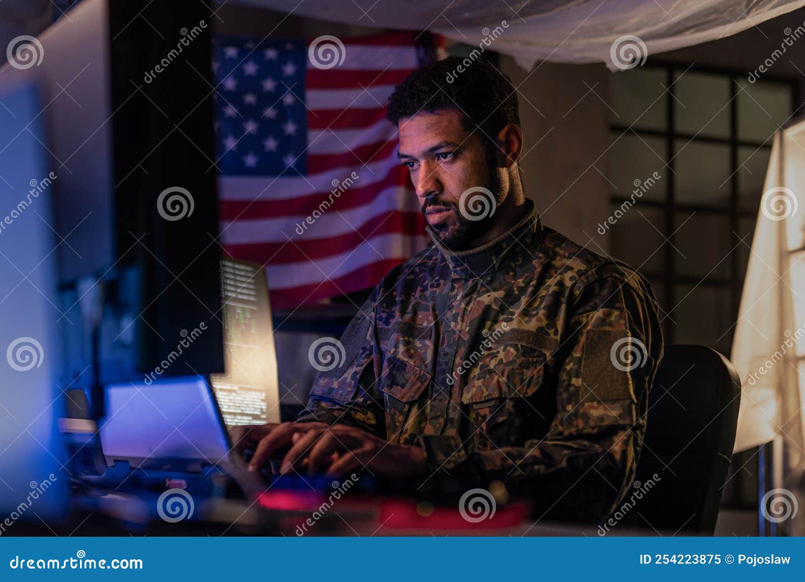 American Hacker in Military Unifrorm on Dark Web, Cyberwar Concept ...