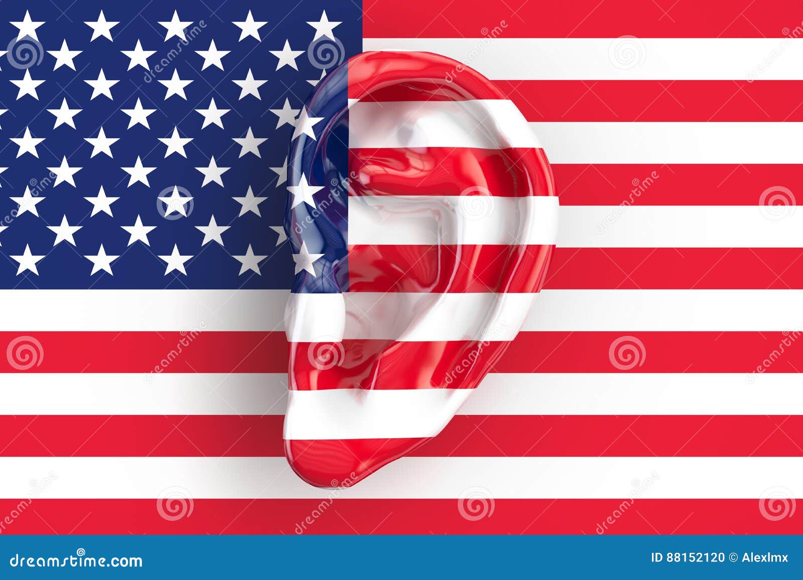 American Intelligence Concept, Ear on the USA Flag. 3D Rendering Stock ...