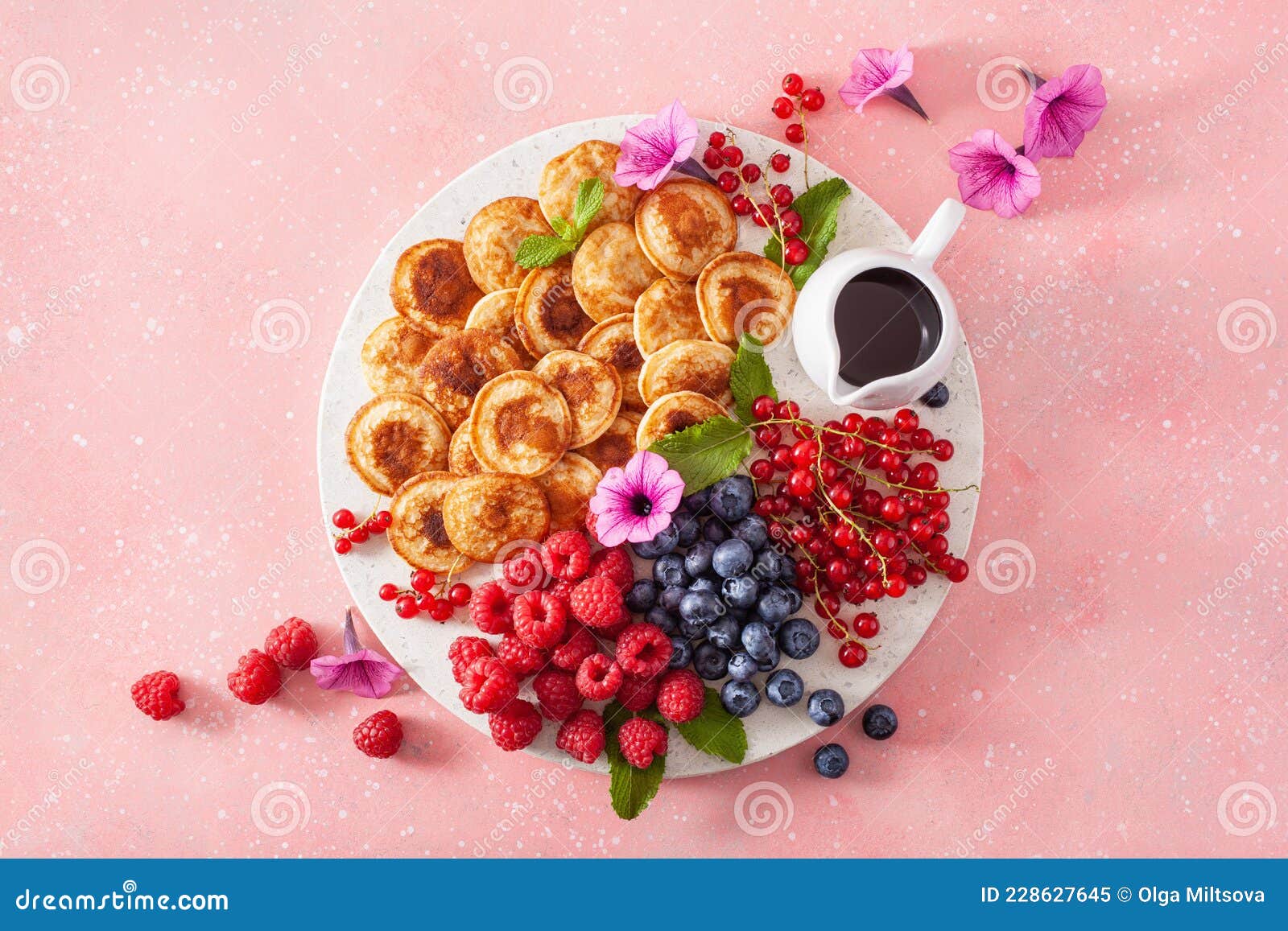 American Mini Pancake Board with Berries and Maple Syrup Stock Image ...