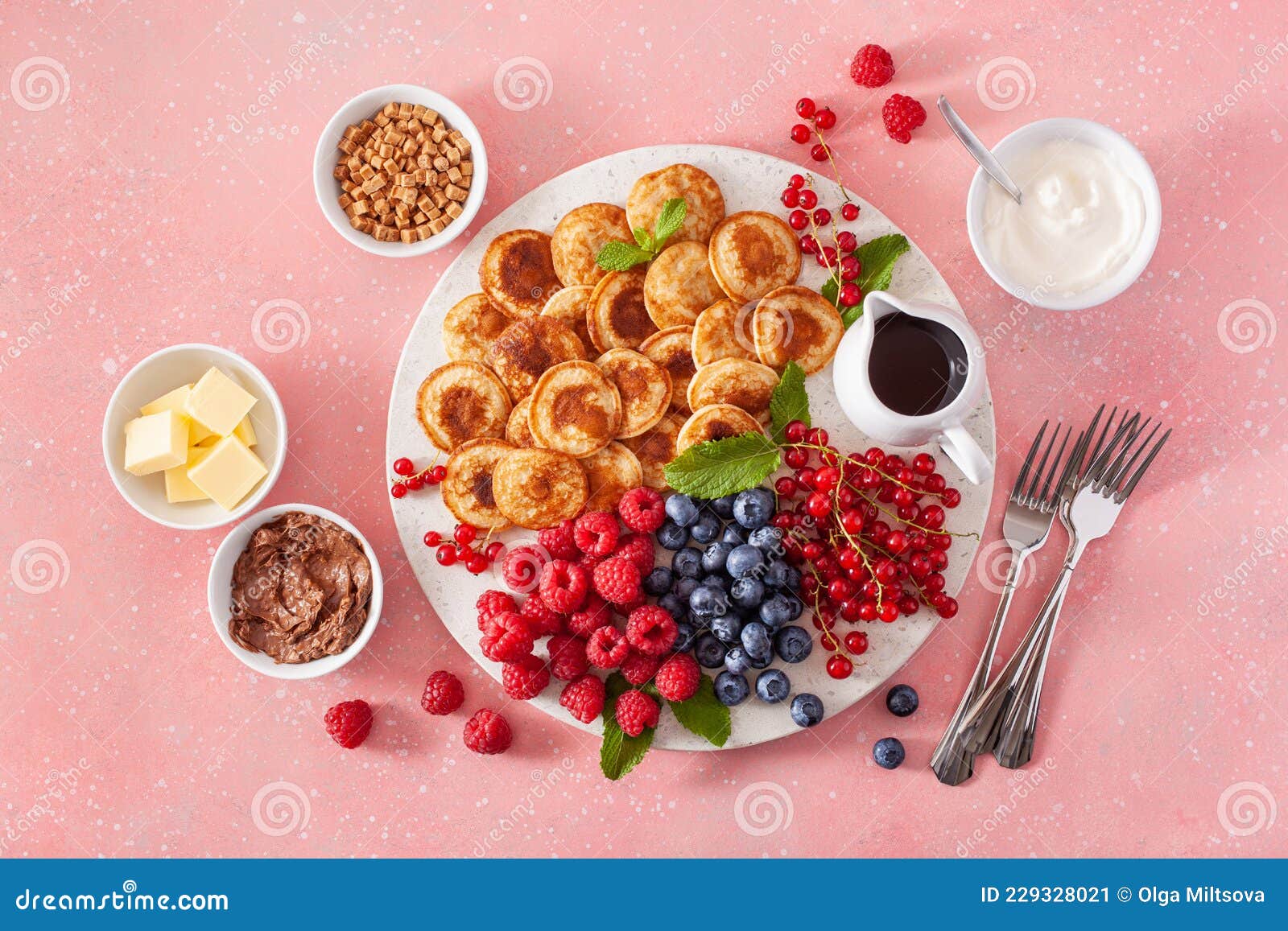 American Mini Pancake Board with Berries and Maple Syrup Stock Image ...