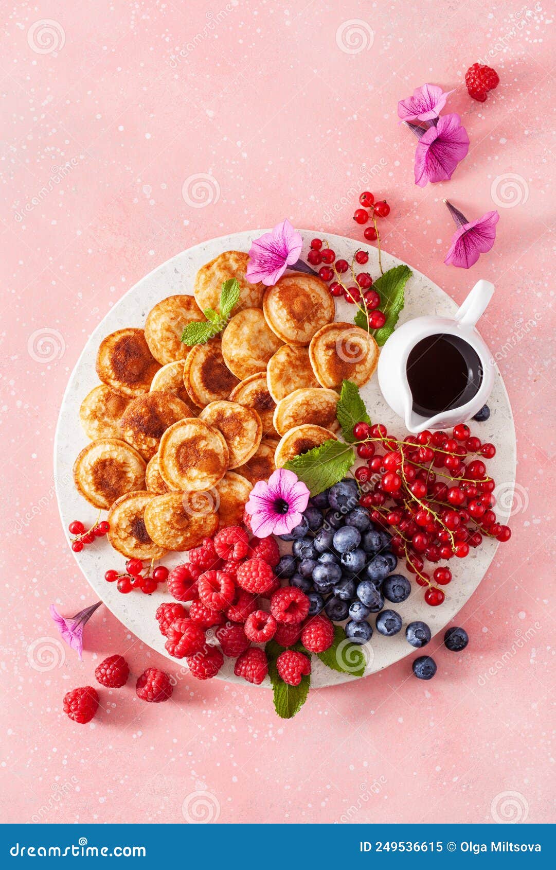 American Mini Pancake Board with Berries and Maple Syrup Stock Image ...