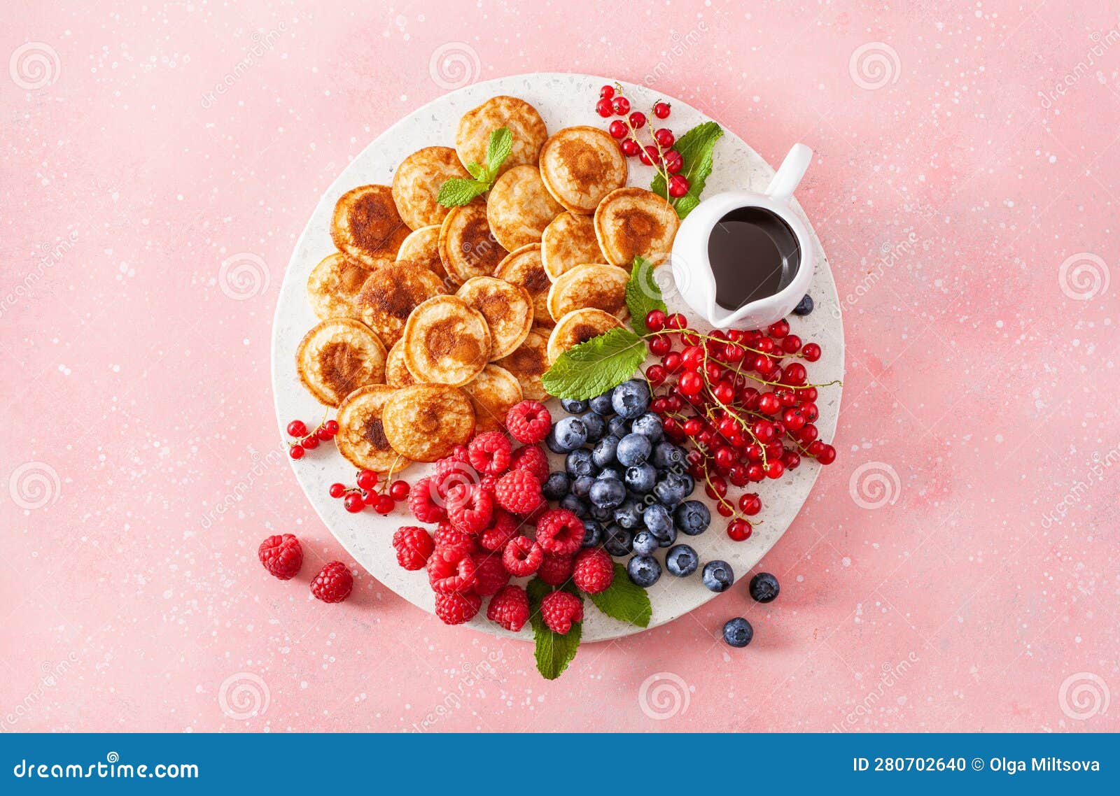 American Mini Pancake Board with Berries and Maple Syrup Stock Photo ...