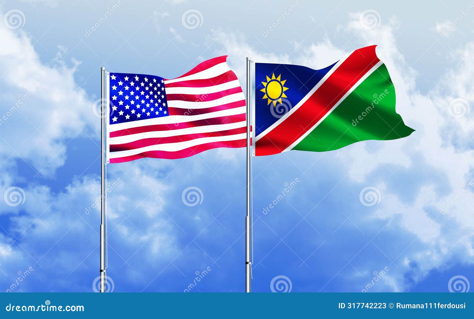 American and Namibia Flags Together Waving Against Blue Sky Stock ...