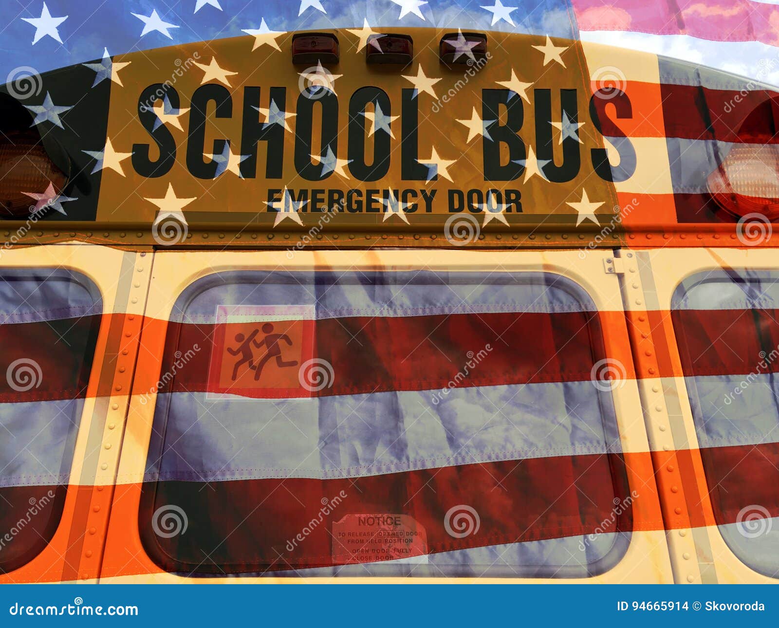American school bus stock photo. Image of flag, national - 94665914