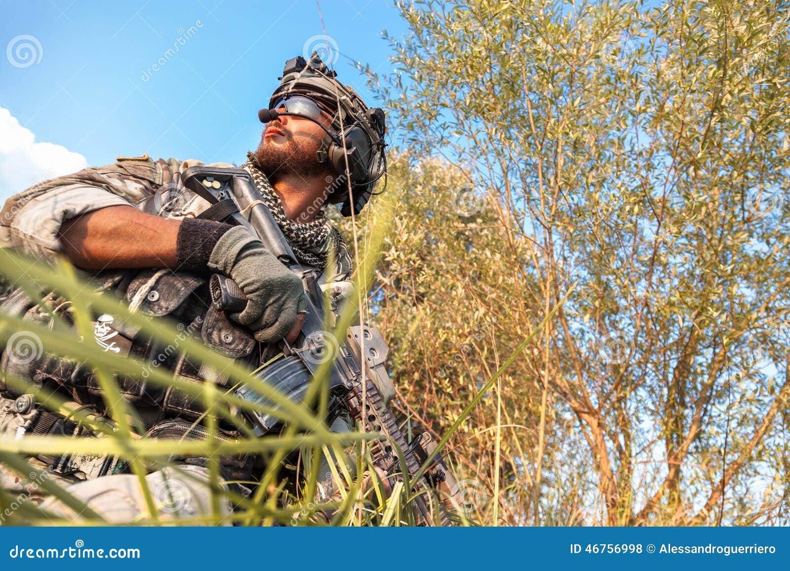 American Commando In Military Equipment Holds USA Flag At Night, Modern ...