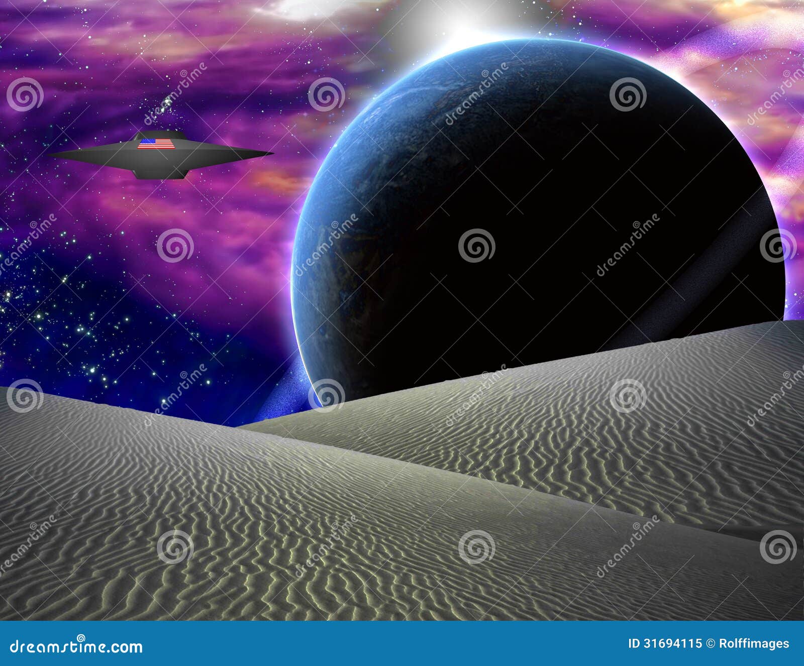 American Space Craft Hovers Alien Landscape Stock Illustration ...
