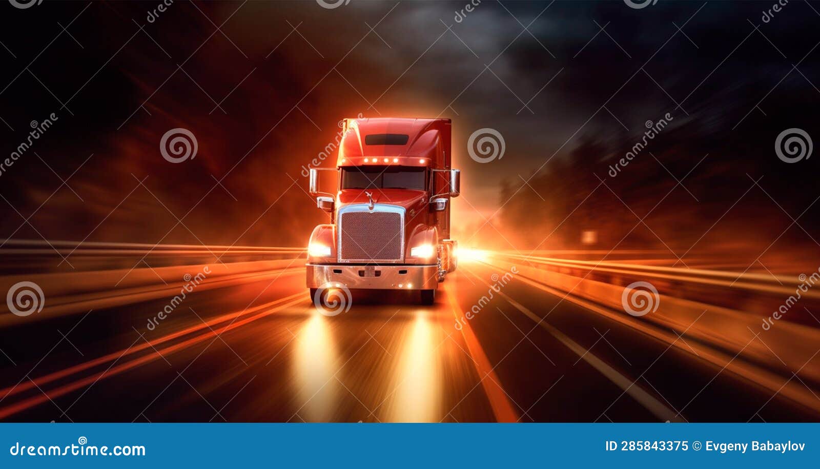 American Style Truck on the Freeway, Highway Pulling Cargo. Transport ...