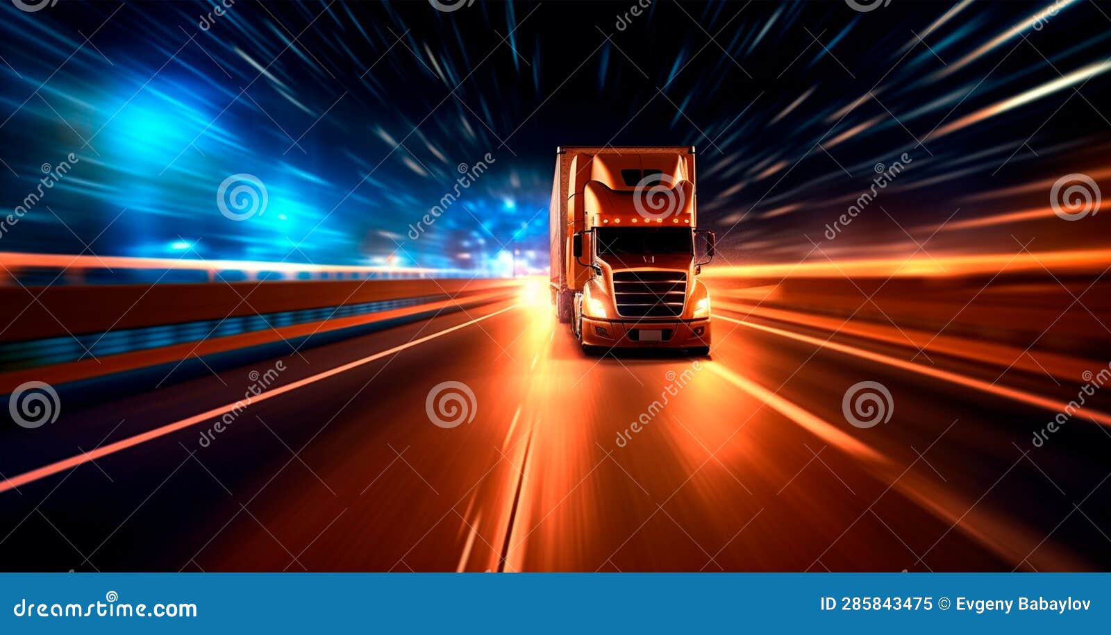 American Style Truck on the Freeway, Highway Pulling Cargo. Transport ...