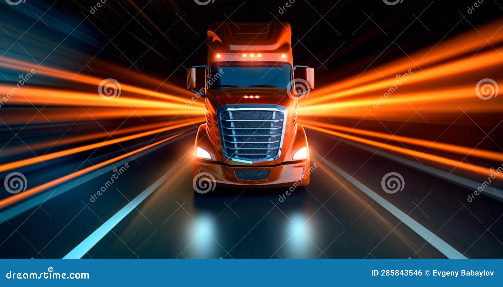 American Style Truck on the Freeway, Highway Pulling Cargo. Transport ...