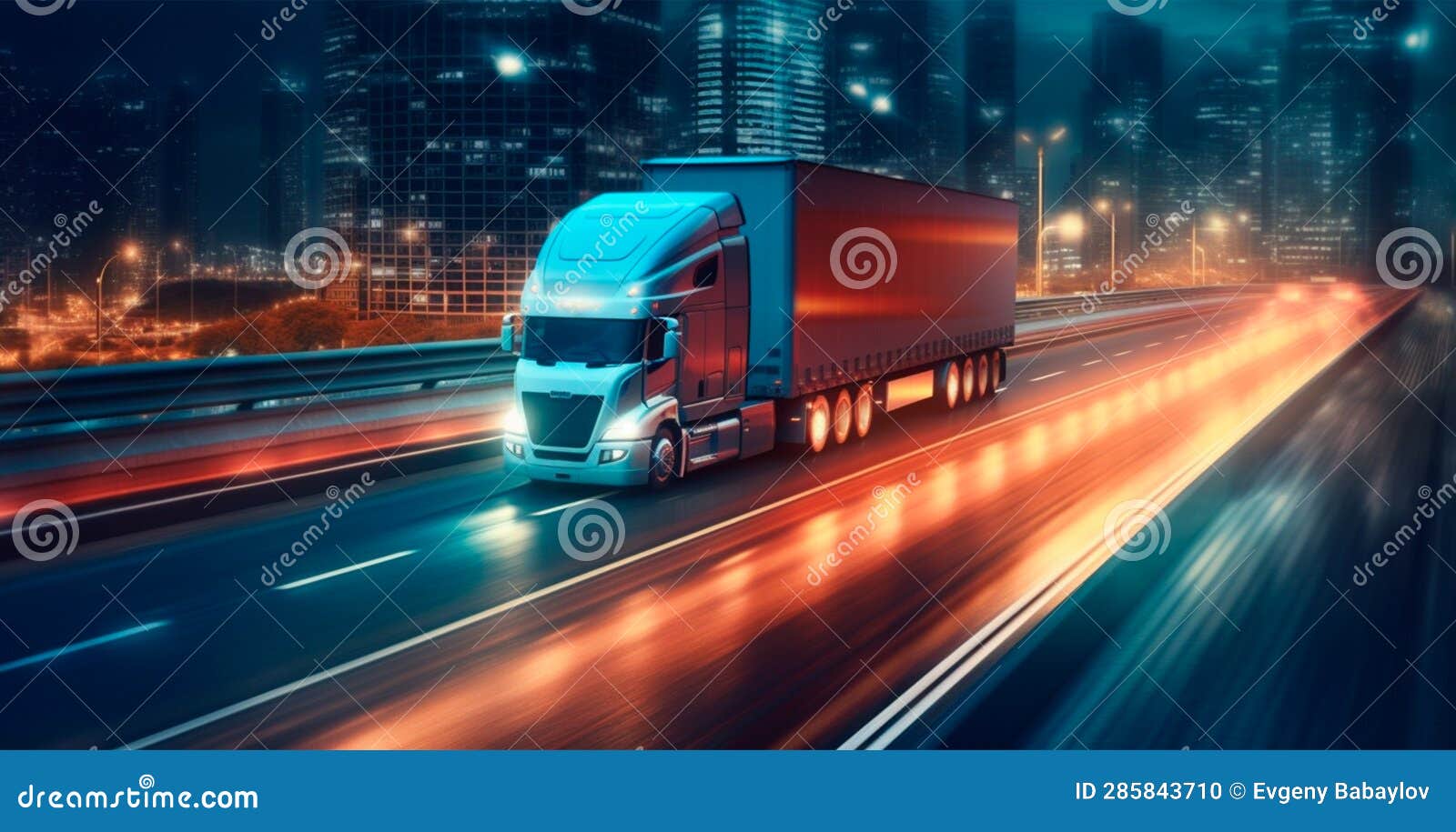 American Style Truck on the Freeway, Highway Pulling Cargo. Transport ...