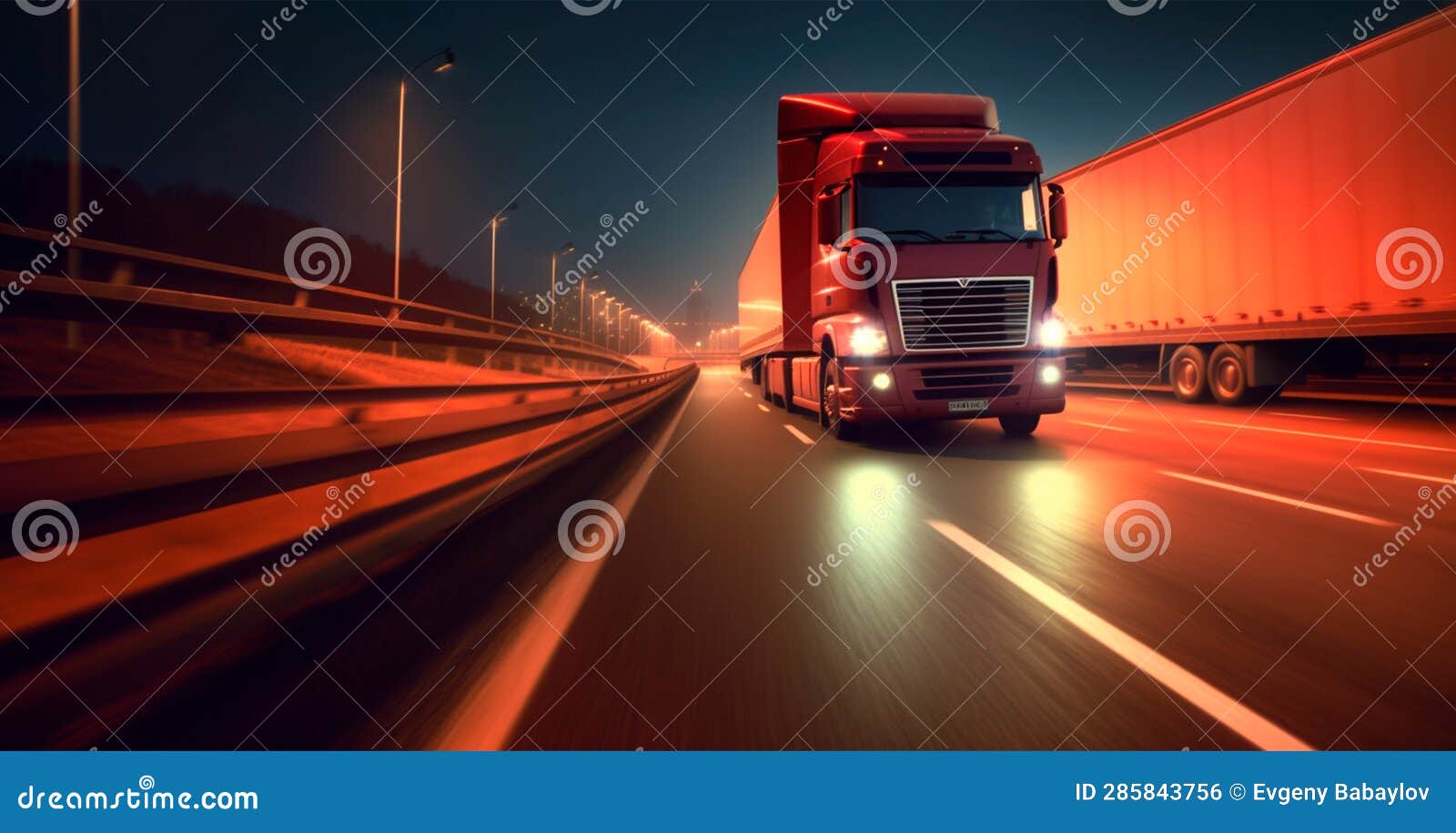 American Style Truck on the Freeway, Highway Pulling Cargo. Transport ...