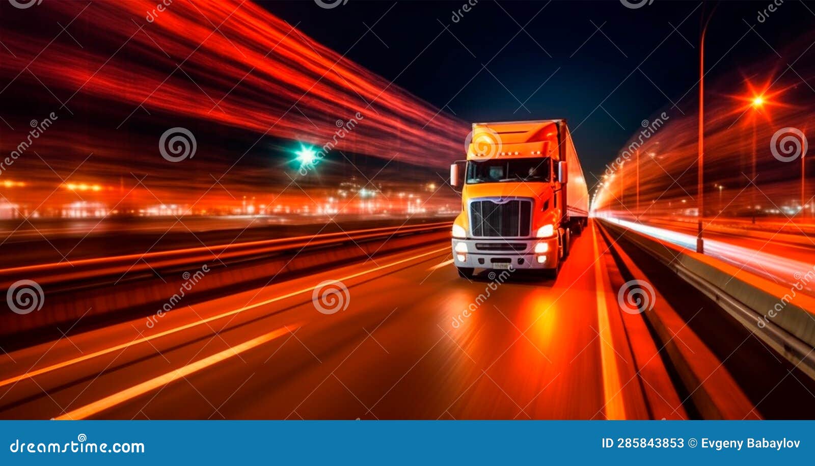 American Style Truck on the Freeway, Highway Pulling Cargo. Transport ...