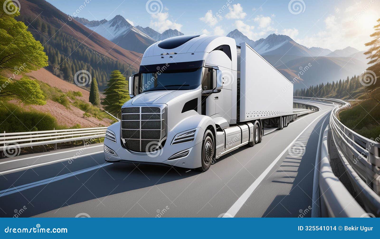 American Style Truck on Freeway Pulling Load. Transportation Theme ...