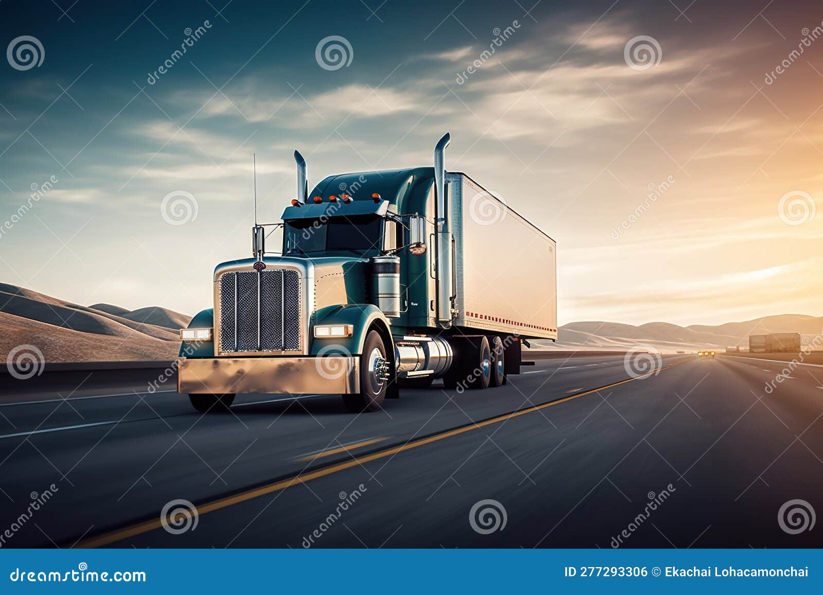 American-Style Truck Pulling a Load on the Highway. Created with ...