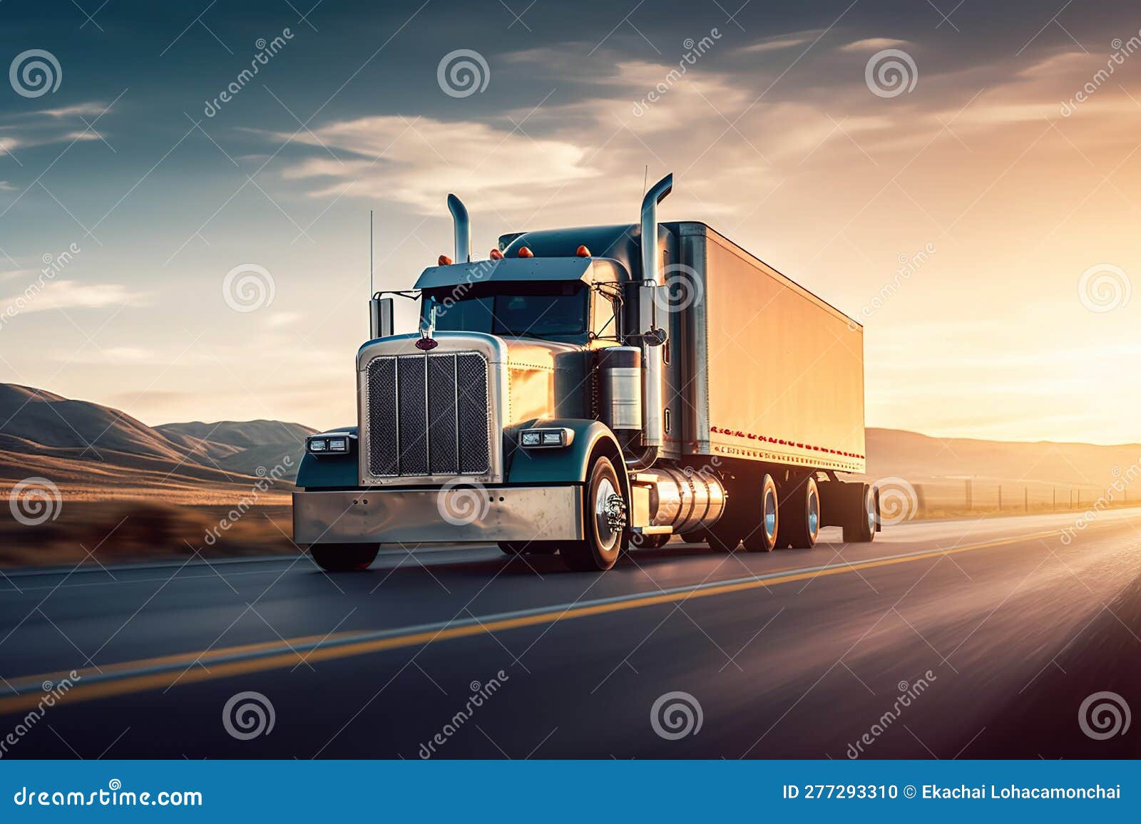 American-Style Truck Pulling a Load on the Highway. Created with ...