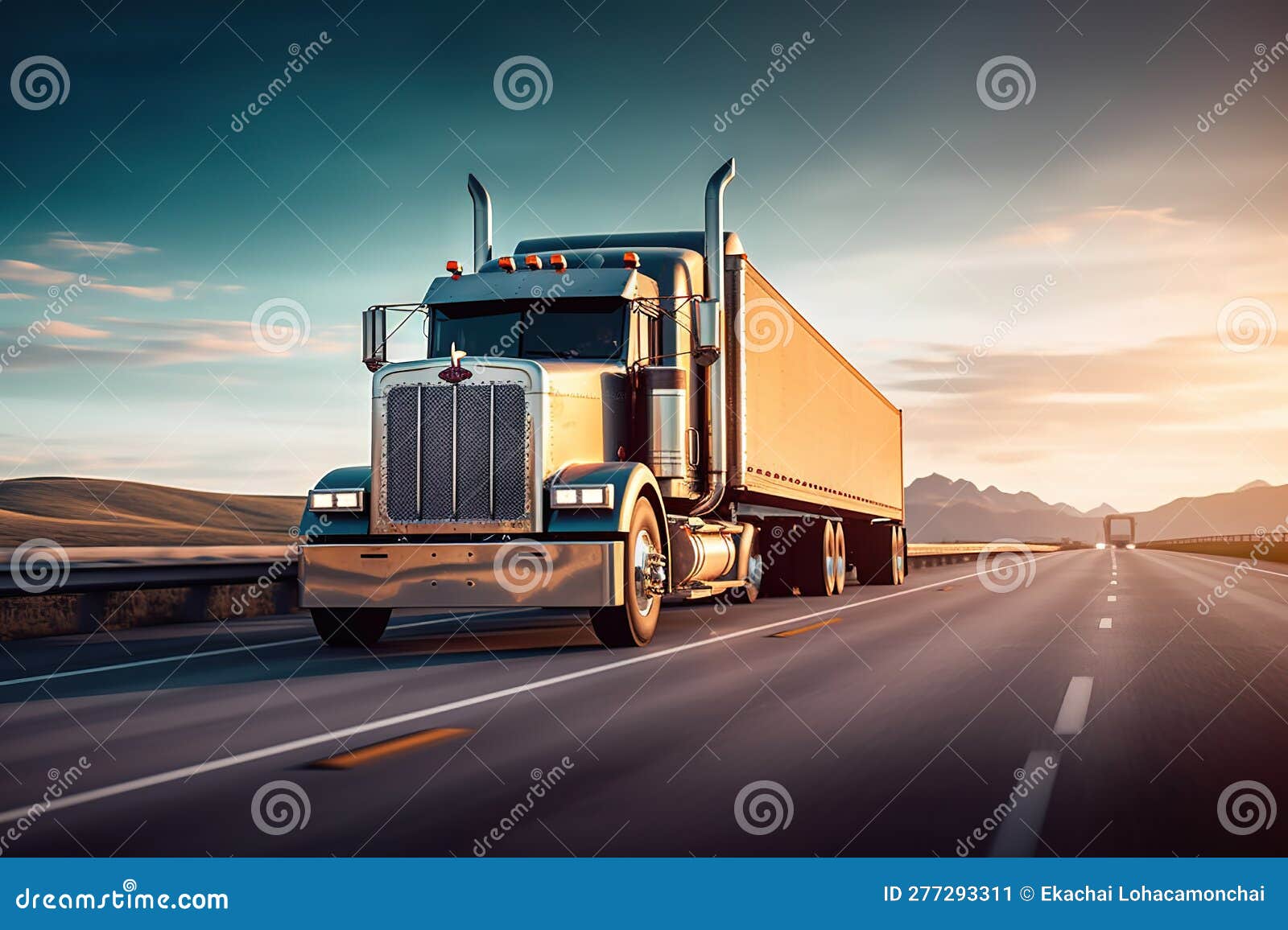American-Style Truck Pulling a Load on the Highway. Created with ...