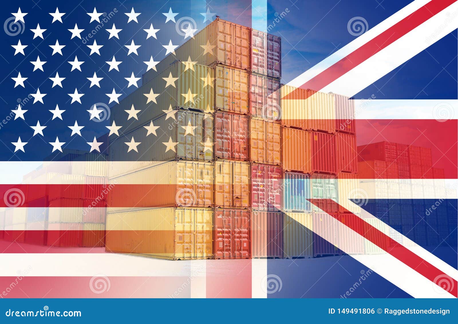 The American and UK Flags Imposed Over Containers Representing Trade ...