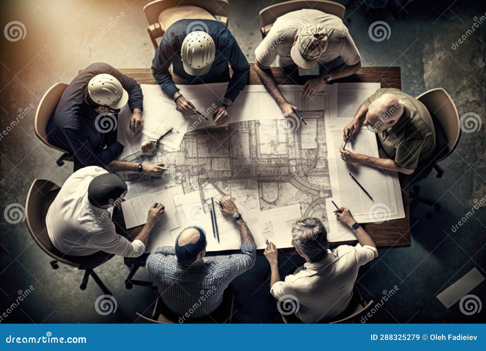 Architects Working on Blueprint at Office Table. Construction Concept ...
