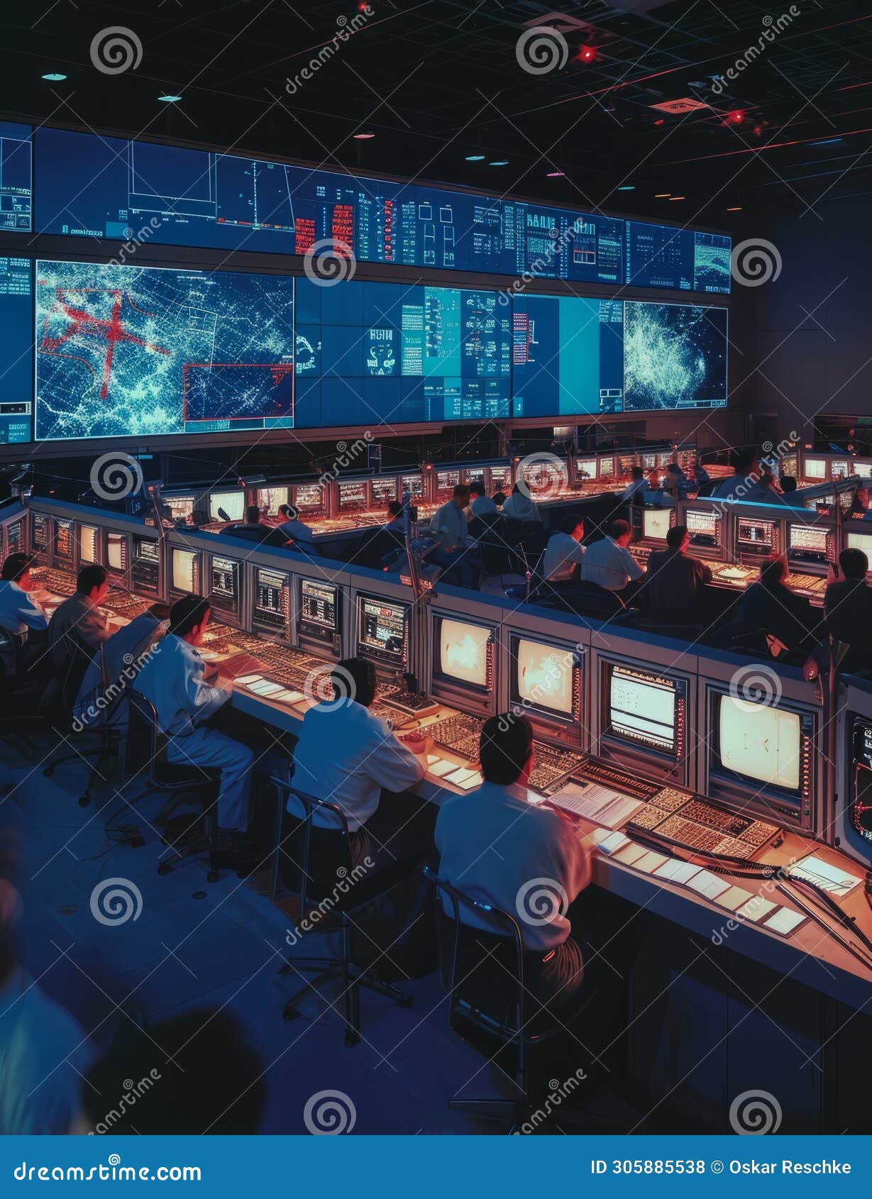 A Bustling Command Center with Large Display Screens, Maps, and a Team ...