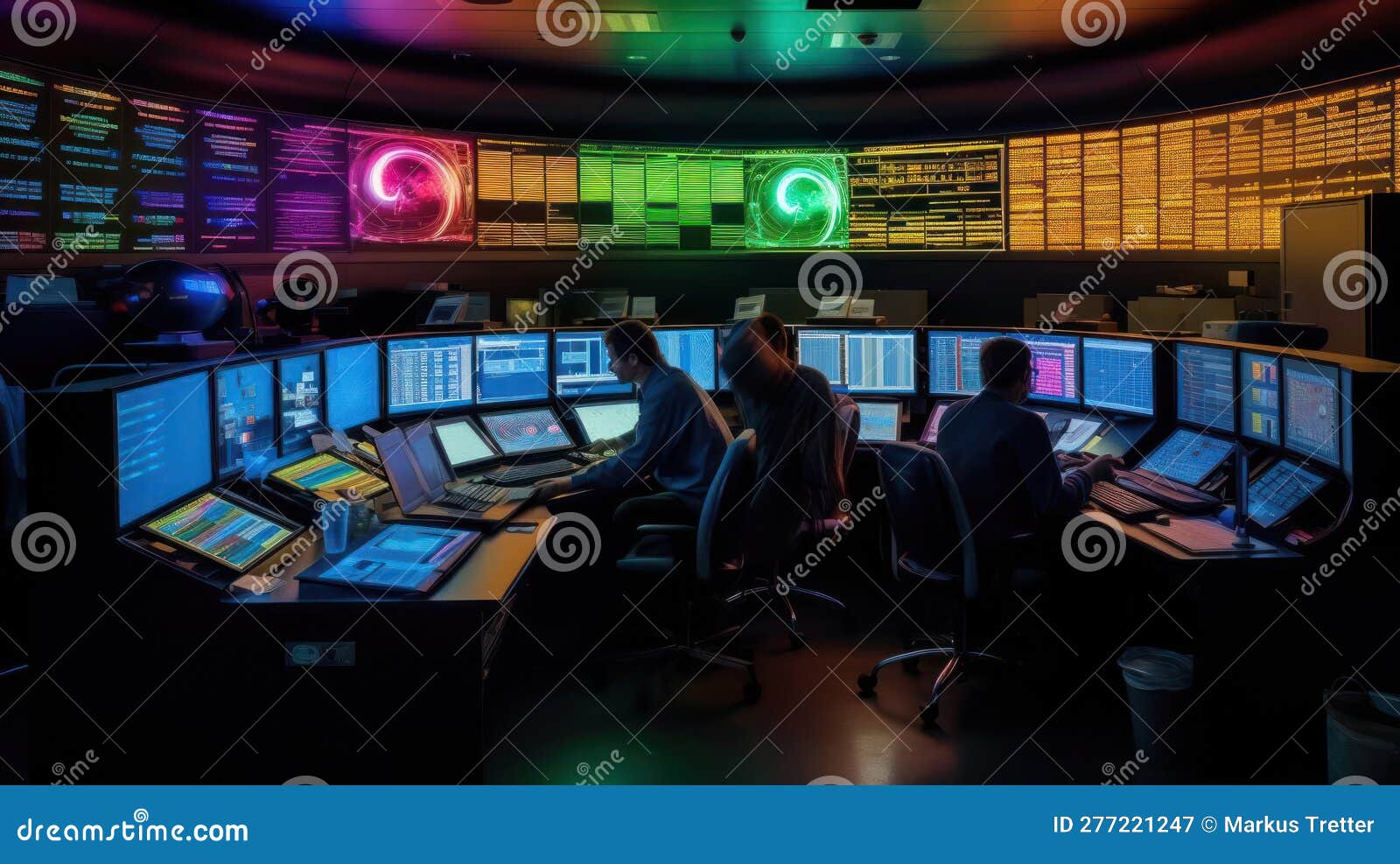 A Group of Scientists Hunch Over a Wide Computer Console Their Fingers ...