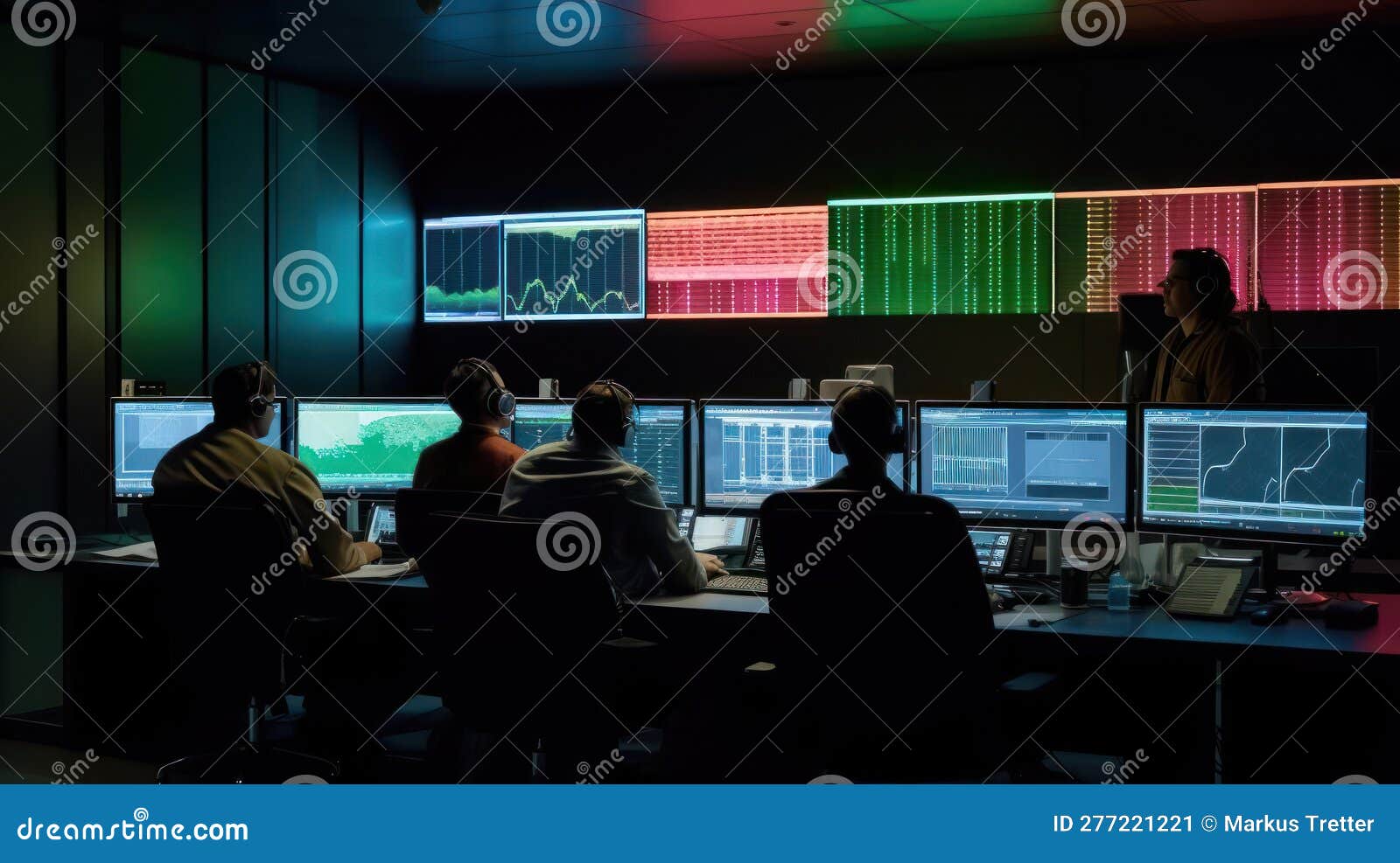 A Group of Scientists Hunch Over a Wide Computer Console Their Fingers ...