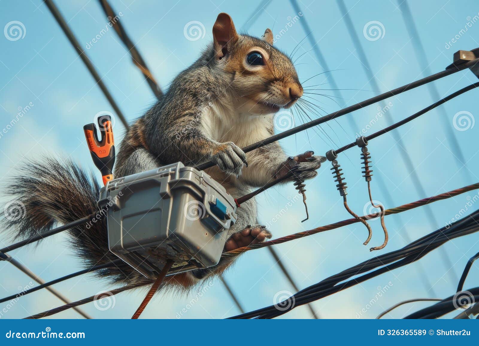 Amidst A Network Of Power Lines A Robot Squirrel With A Toolbox ...