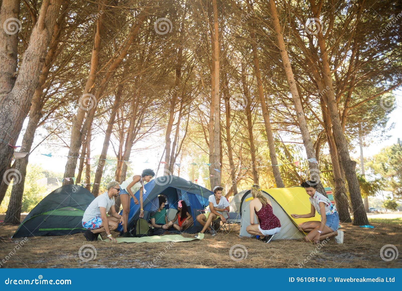 Amigos Que Acampan En El Sitio Para Acampar Foto de archivo - Imagen de ...