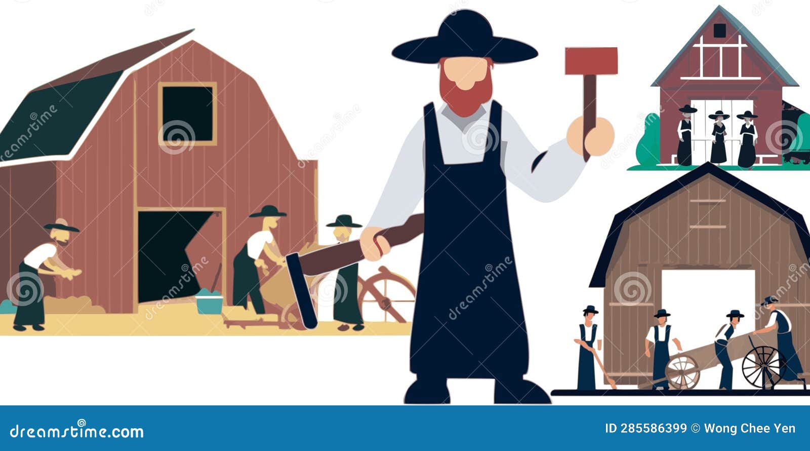 Amish People Building Barns Vector Graphics Illustration. Stock ...