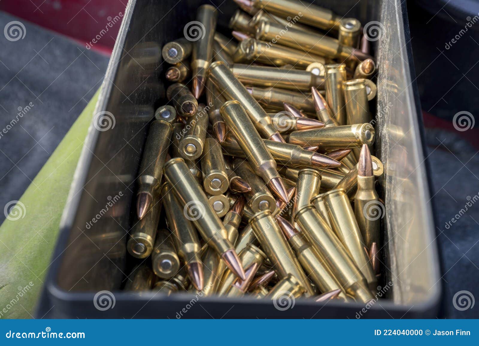 223 Ammo Copper Bullets Inside a Rectangular Black Container Stock ...