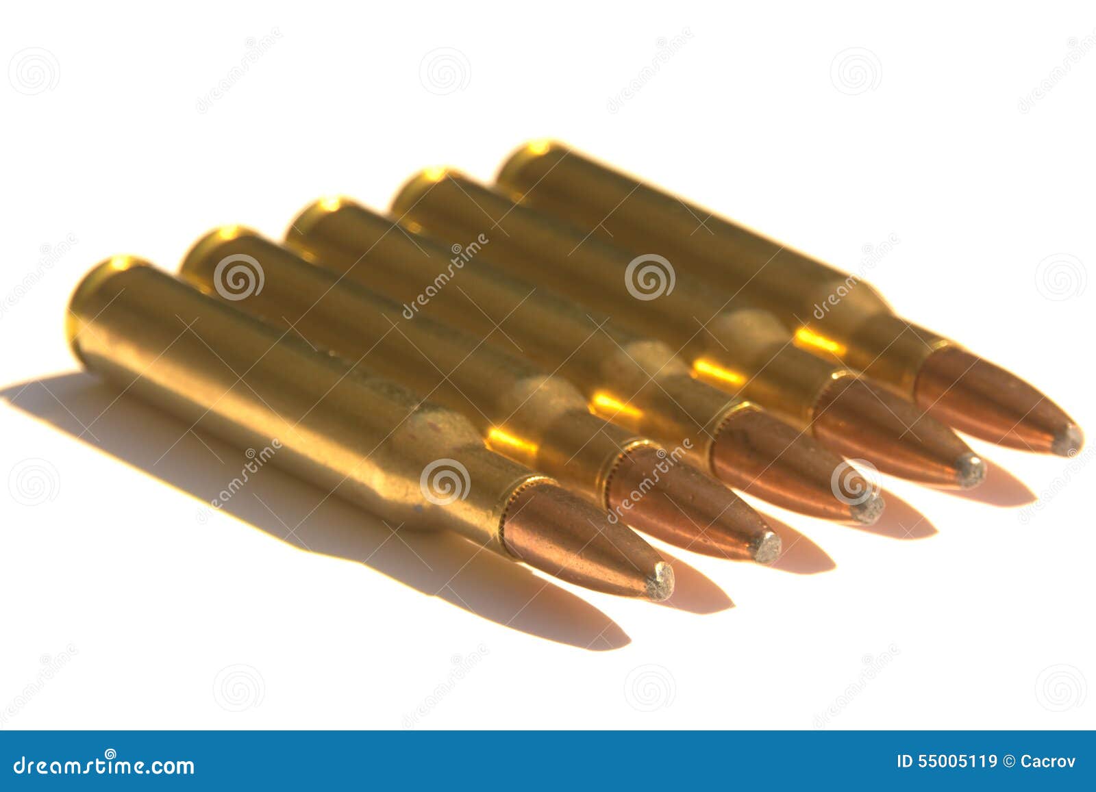 Five Bullets Isolated On White Background. Cartridges 7.62 Caliber For ...