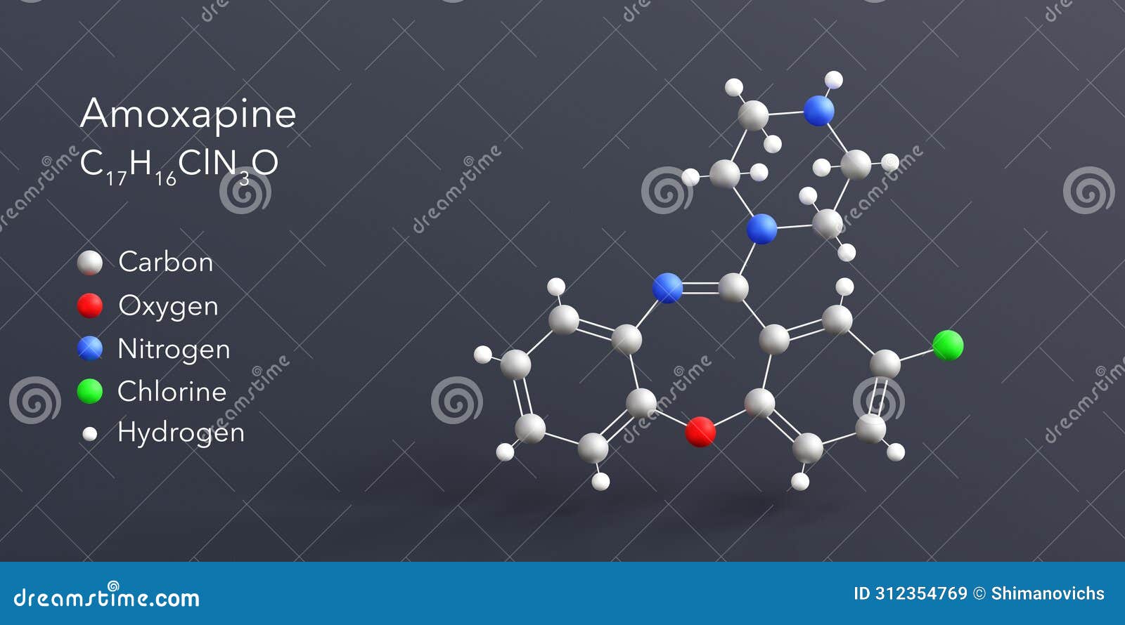 Amoxapine Molecule 3d Rendering, Flat Molecular Structure with Chemical ...
