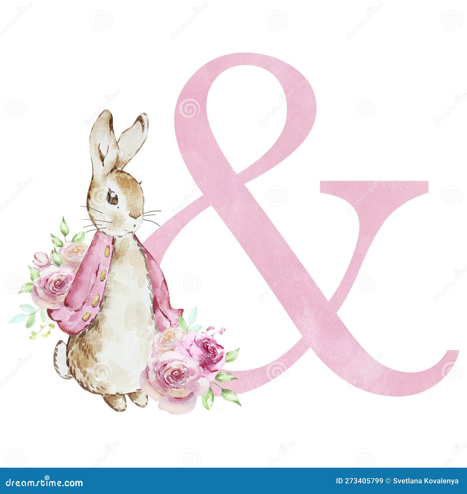 Ampersand Pink With Watercolor Cute Rabbit With Flowers Stock