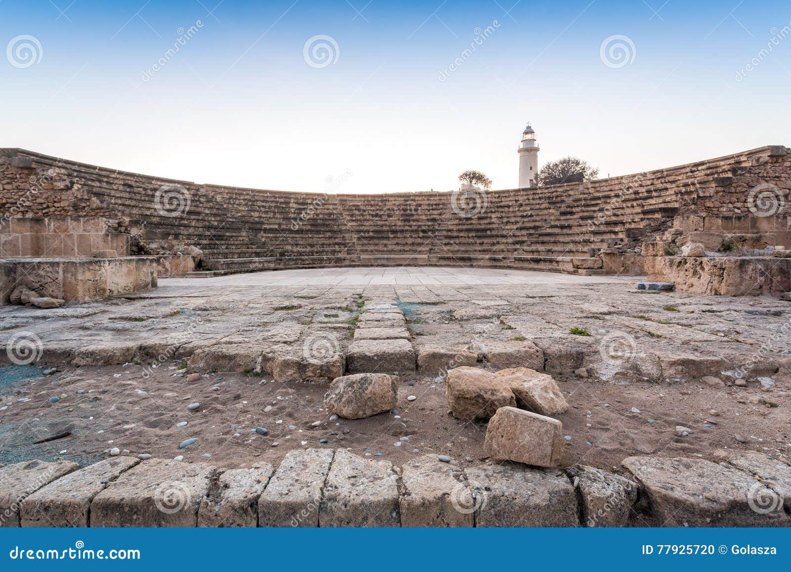 Amphitheater and Lighthouse in Historic Paphos, Cyprus Stock Photo ...