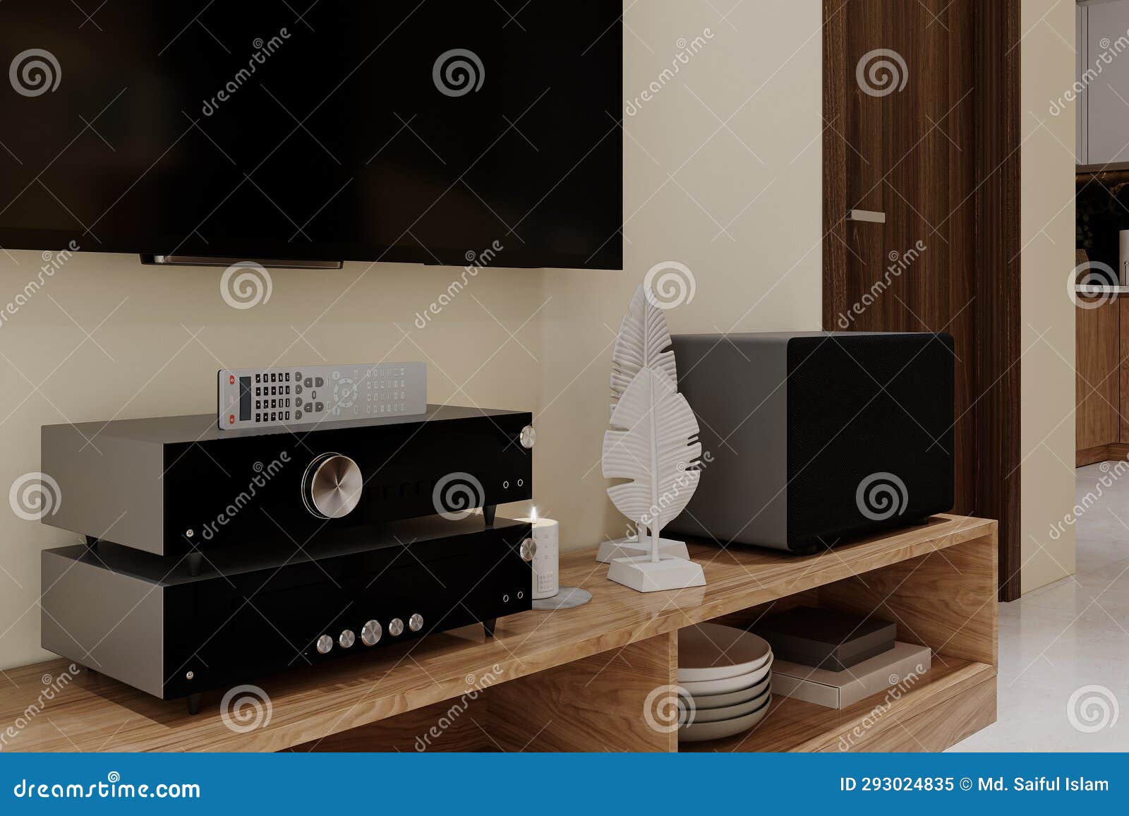 Amplifiers High Volume Sound-box on the TV Console Table, 3D Rendering ...