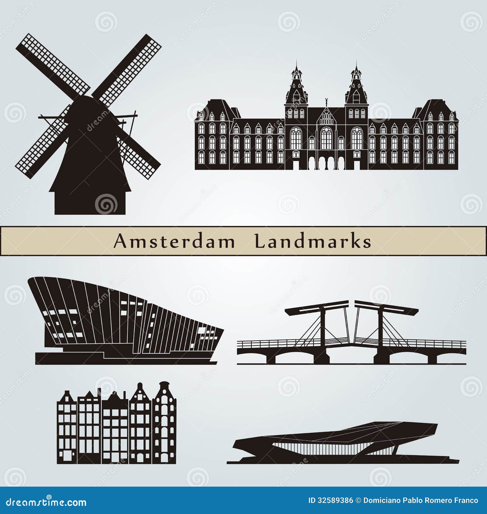 Amsterdam Landmarks and Monuments Stock Vector - Illustration of ...
