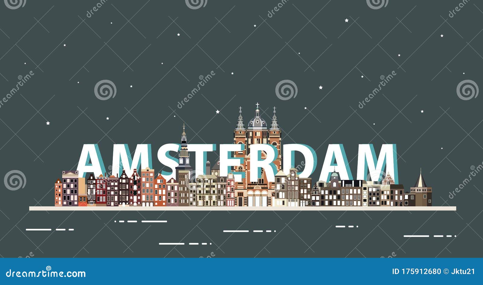 Amsterdam Night Cityscape Vector Cartoon Illustration | CartoonDealer ...