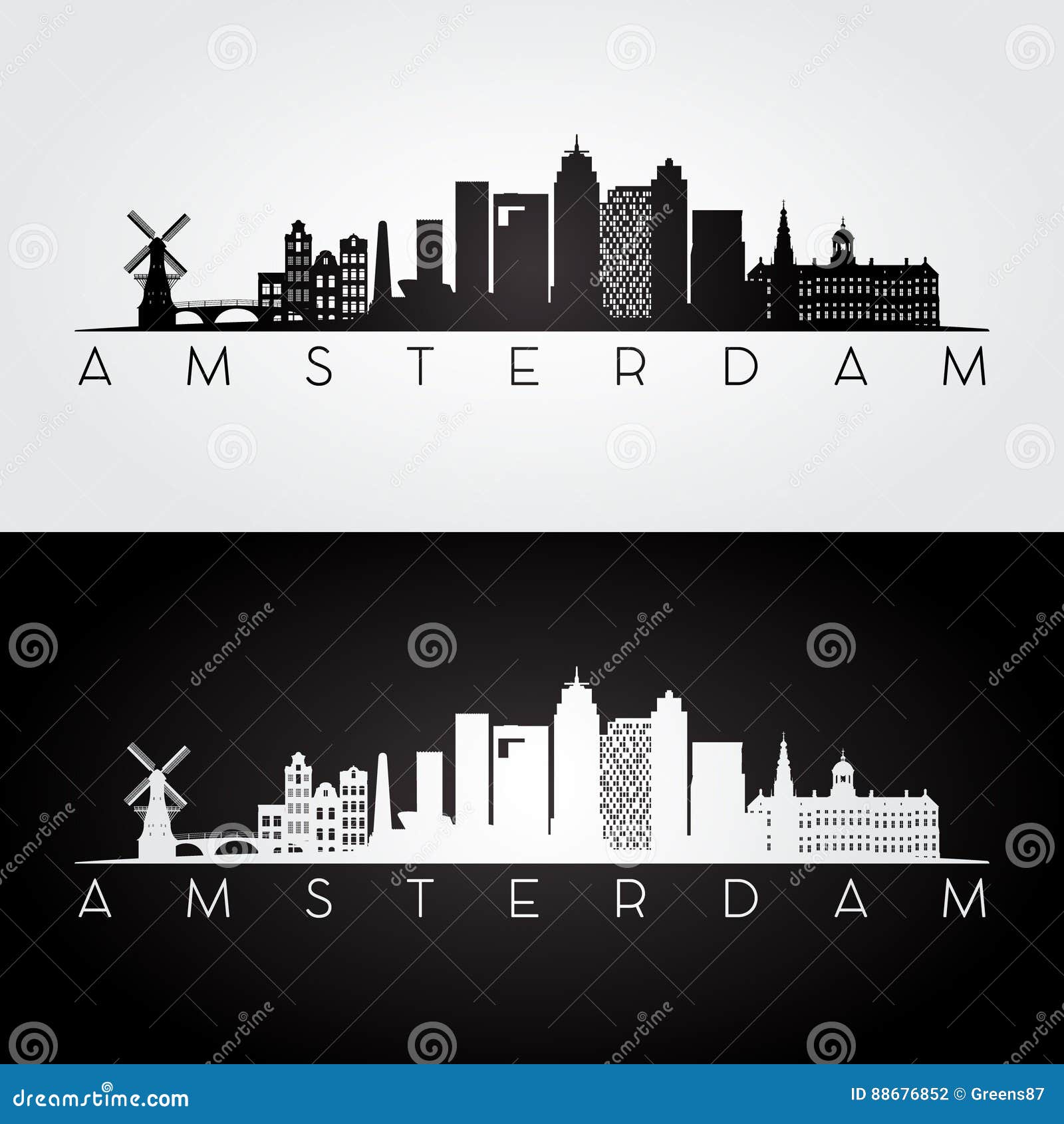 Amsterdam Skyline and Landmarks Silhouette. Stock Vector - Illustration ...