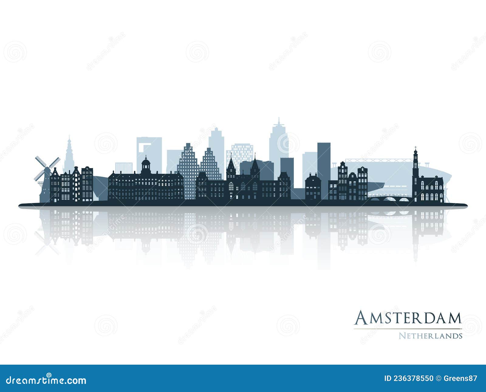 Amsterdam Skyline Silhouette with Reflection. Stock Vector ...