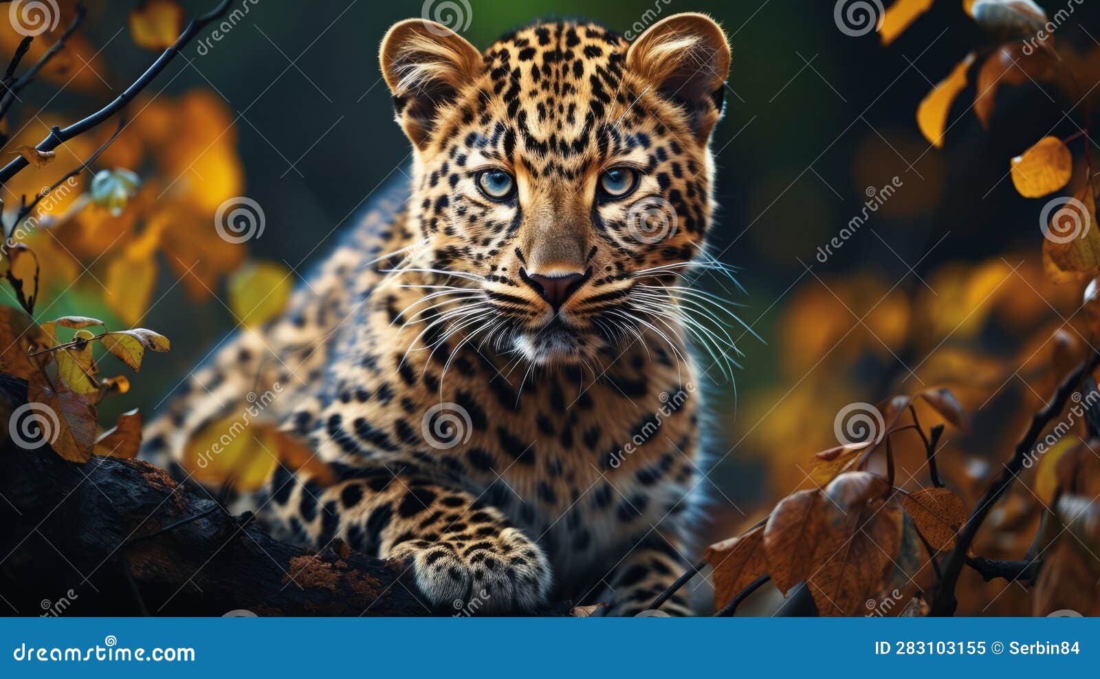 Amur Leopard in Autumn Front View. Save Amur Leopard Rare Animal. Ai ...