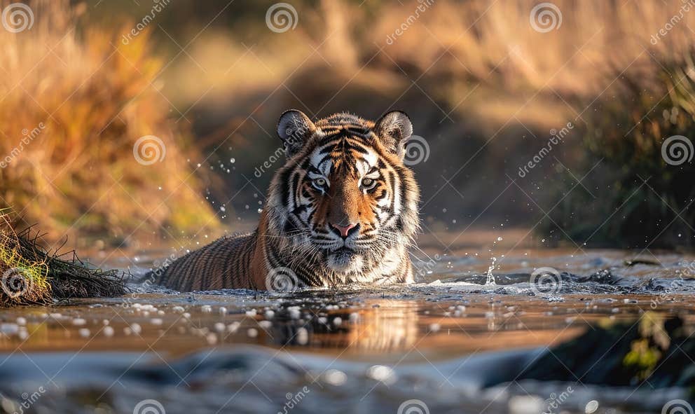 An Amur Tiger Bathing in a Shallow Stream Stock Image - Image of ...