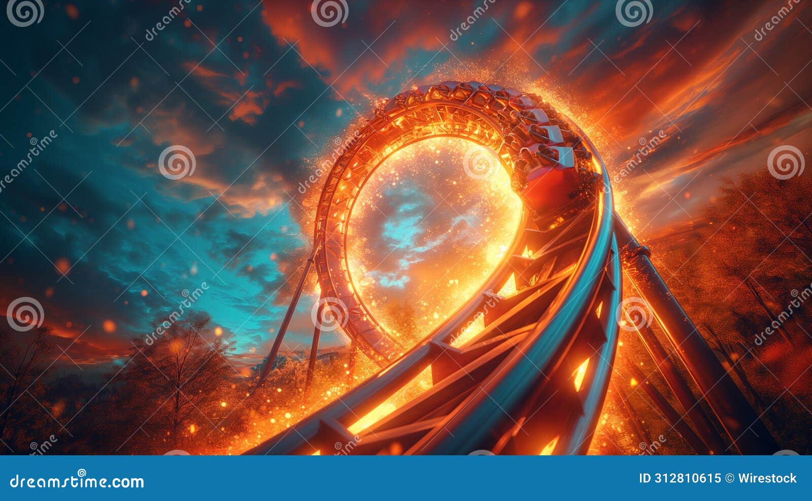 An Amusement Coaster Train Rides through an Orange Glow and Clouds ...