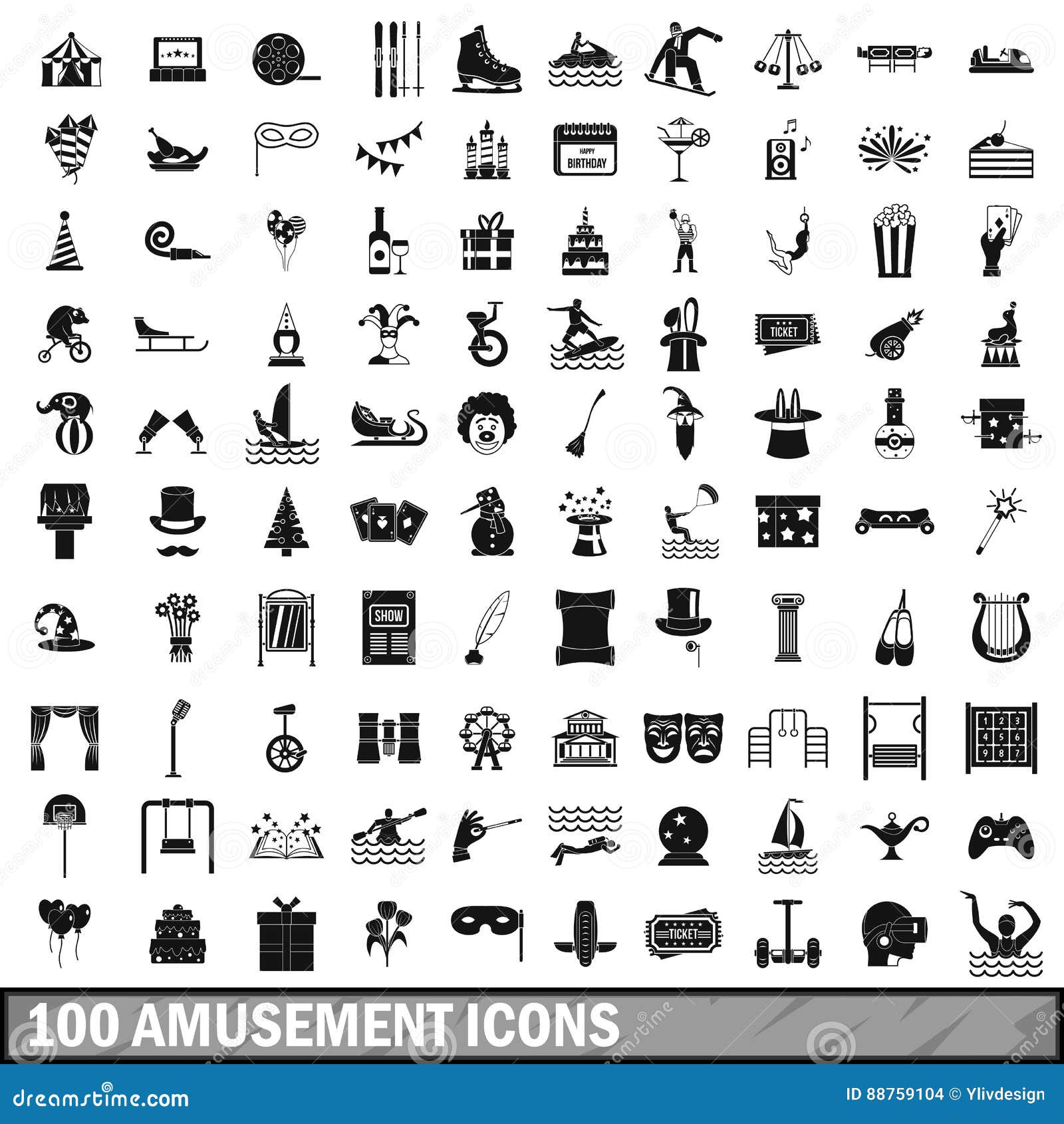 100 Amusement Icons Set, Simple Style Stock Vector - Illustration of ...