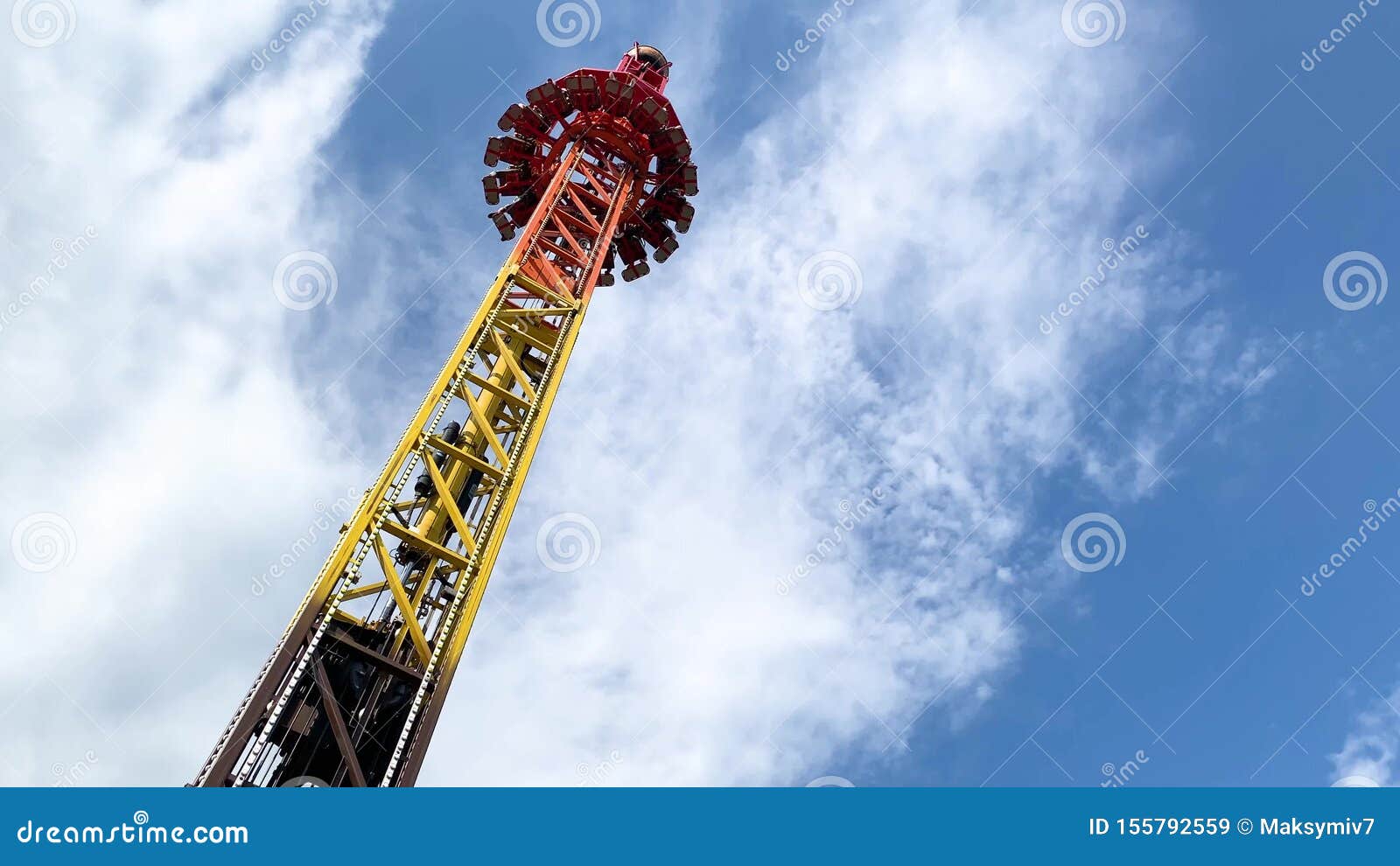 Amusement Park, Attraction with Free Fall Tower. Stock Video - Video of ...