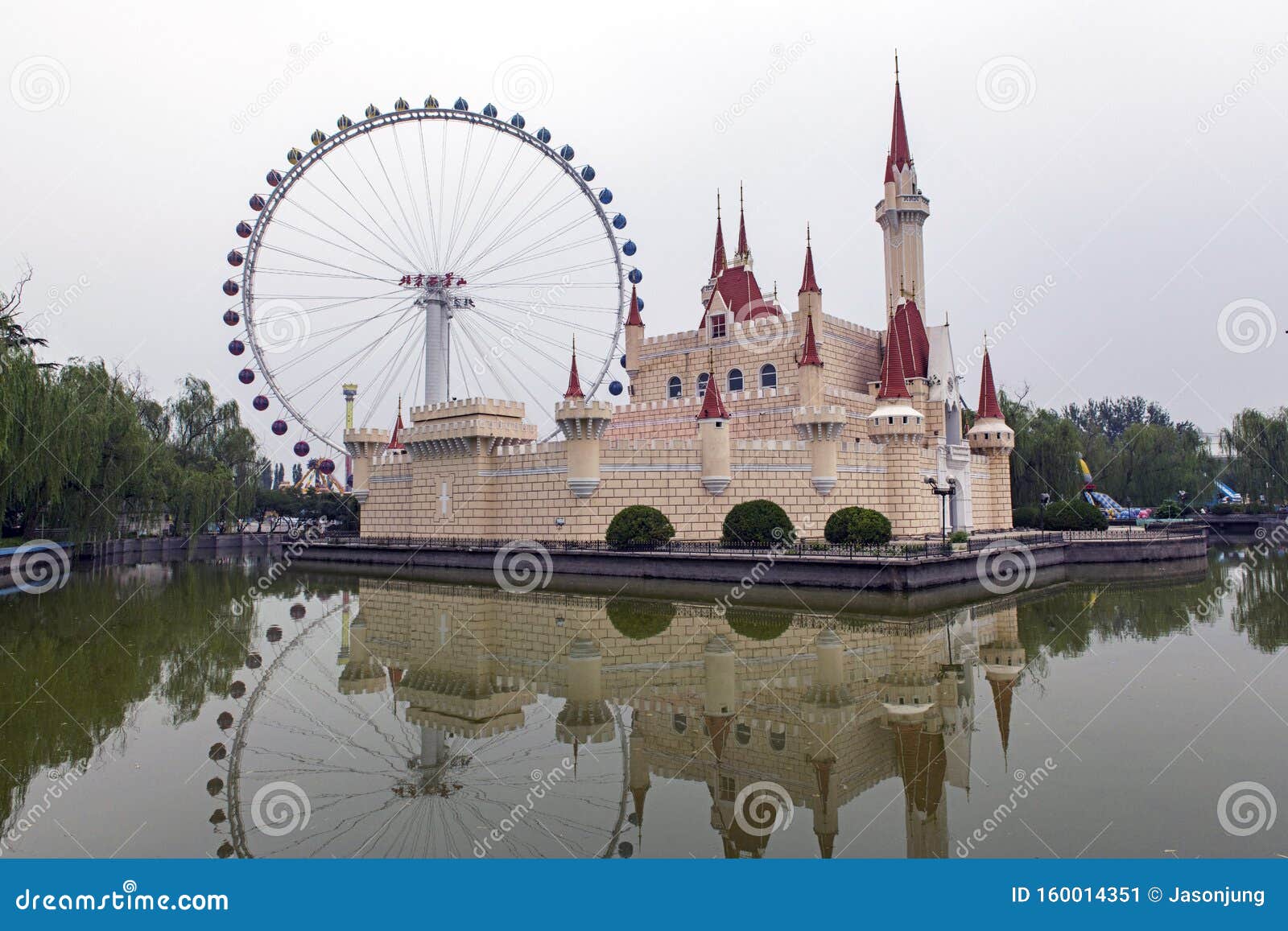 Amusement Park with Castle and Rolling Coaster Stock Image - Image of ...
