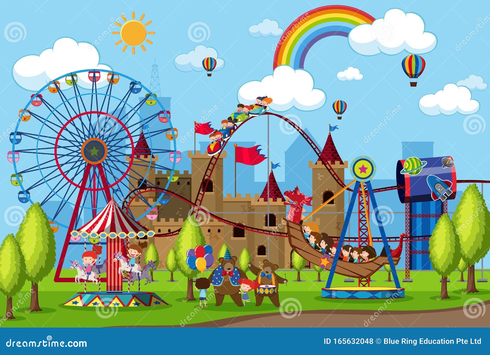 Amusement Park with Children on Rides Stock Photo - Image of amusement ...