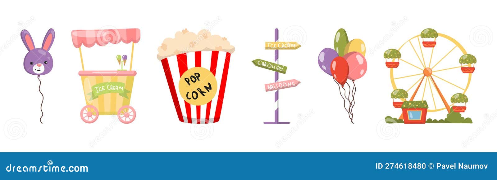 Amusement Park Elements with Balloon, Ice Cream Stall, Popcorn and ...