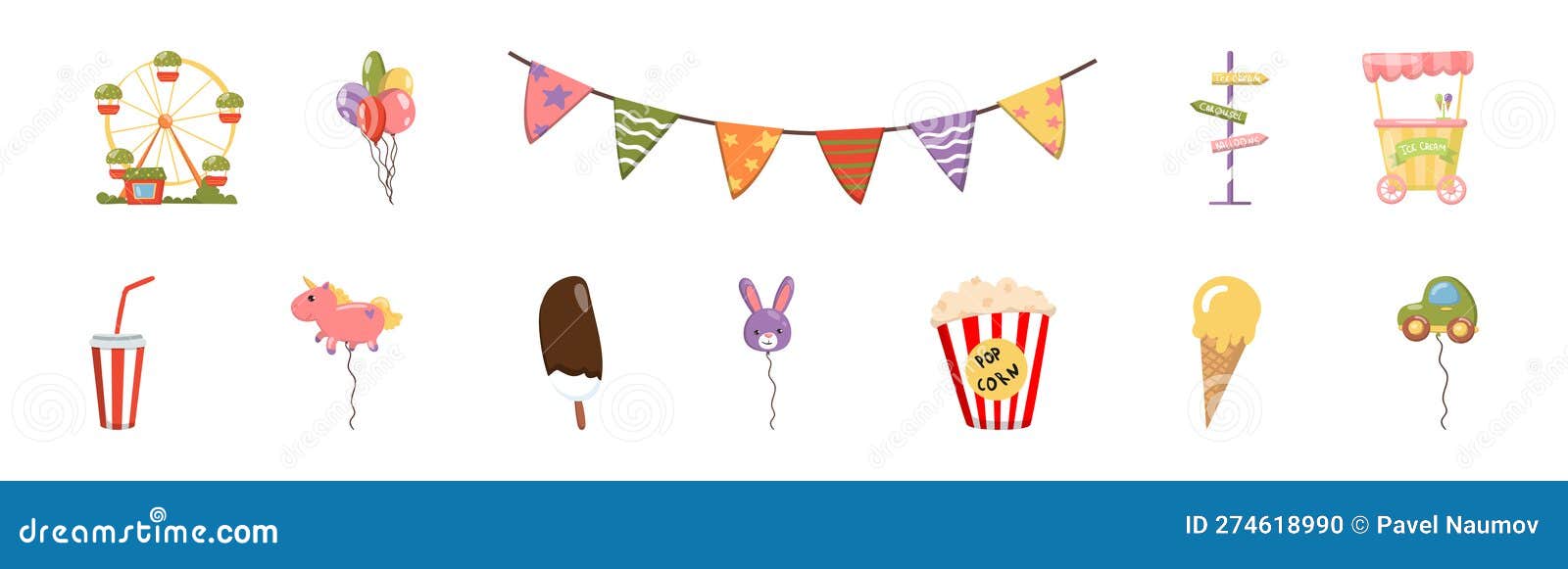 Amusement Park Elements with Balloon, Ice Cream Stall, Popcorn and ...