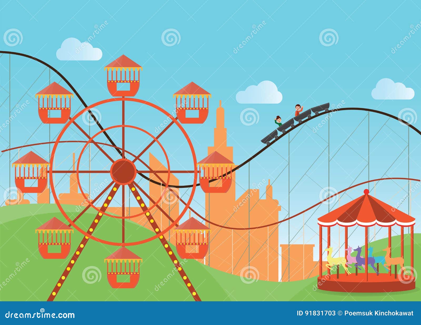 Amusement Park in Flat Colorful with the Ferris Wheel . Stock Vector ...