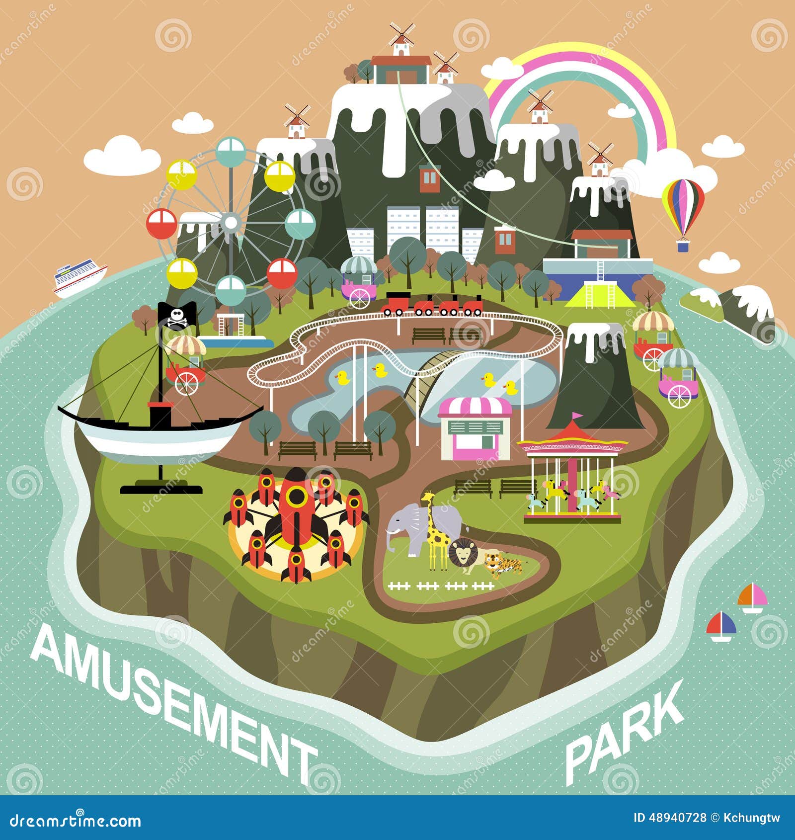 Amusement Park in Flat Design Stock Vector - Illustration of attraction ...